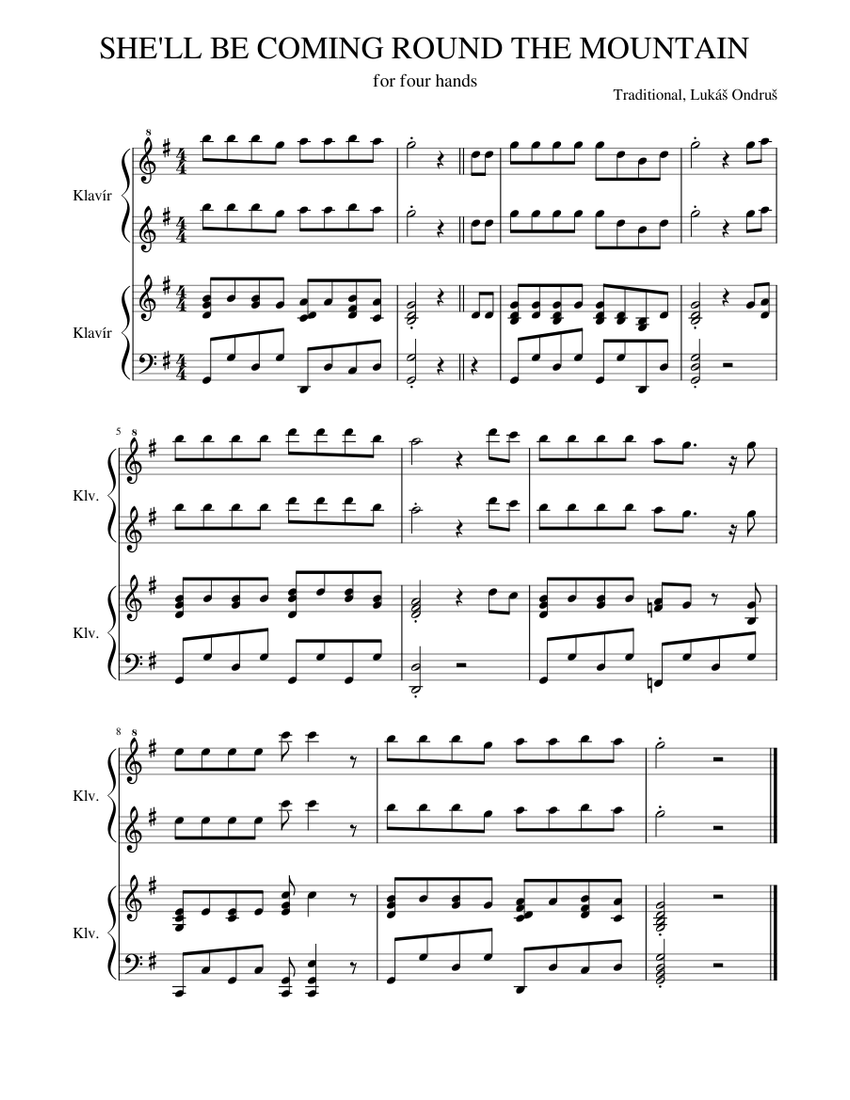 SHE'LL BE COMING ROUND THE MOUNTAIN - four hands Sheet music for Piano ...