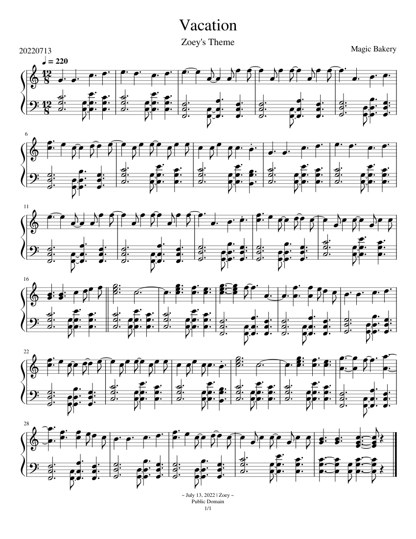 Vacation Sheet music for Piano (Solo) Easy | Musescore.com