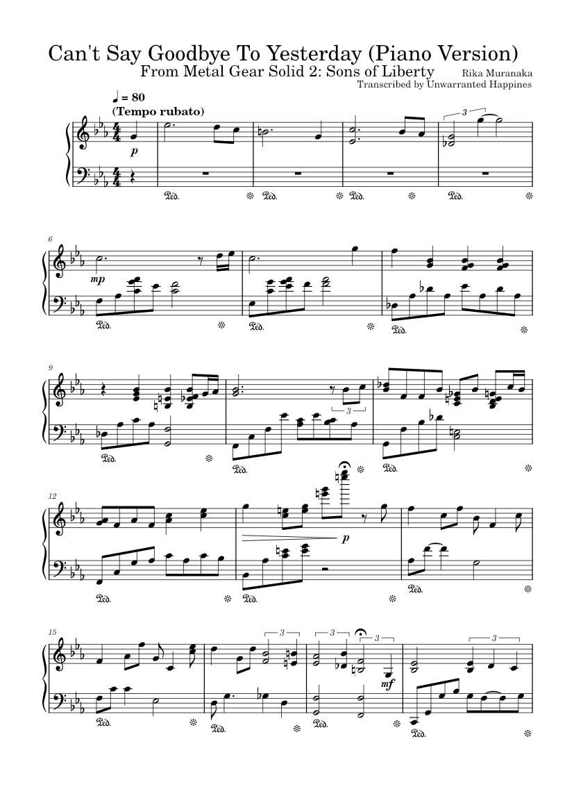 Can't Say Goodbye To Yesterday (Piano Version) – Rika Muranaka Sheet ...