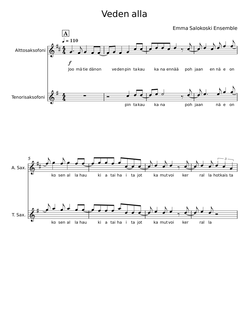 Sax Duo Veden alla - Emma Salokoski Ensemble Sheet music for Saxophone ...