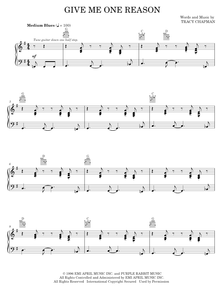 give me one reason Sheet music for Piano, Vocals: Music Notes