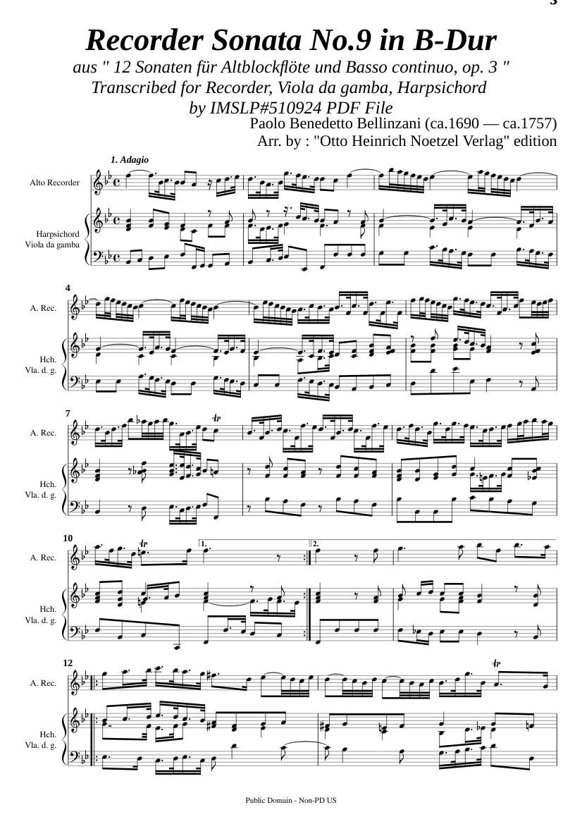 Bellinzani, P.B. _ Recorder Sonata Op.3 No.9 B-Dur[Recorder, B/C] Sheet Music for Harpsichord ...