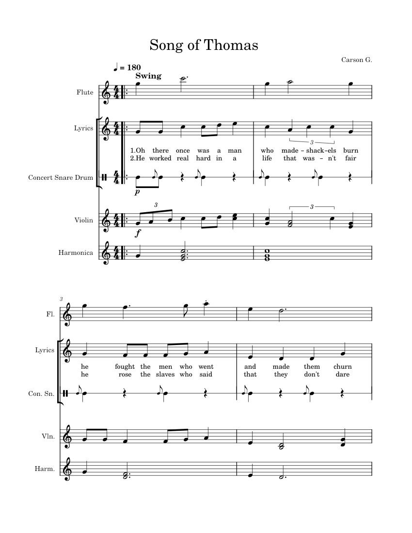 Song of Thomas Sheet music for Flute, Snare drum, Violin, Marimba ...