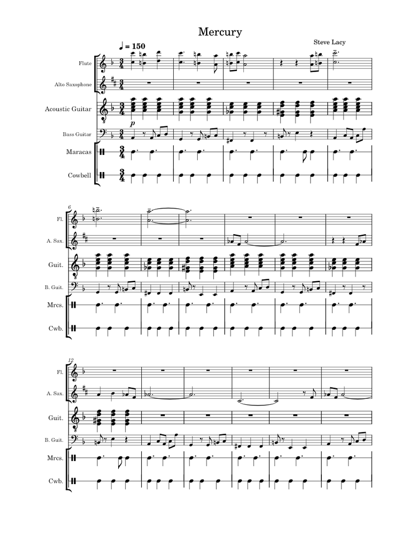 Mercury – Steve Lacy Sheet music for Flute, Saxophone alto, Guitar ...