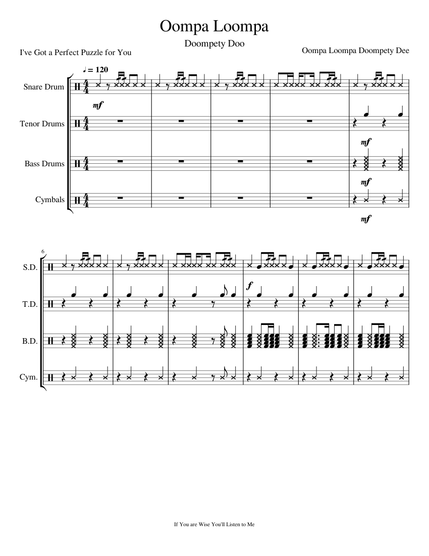 Oompa_Loompa Sheet music for Snare Drum, Bass Drum, Crash, Tenor Drum ...
