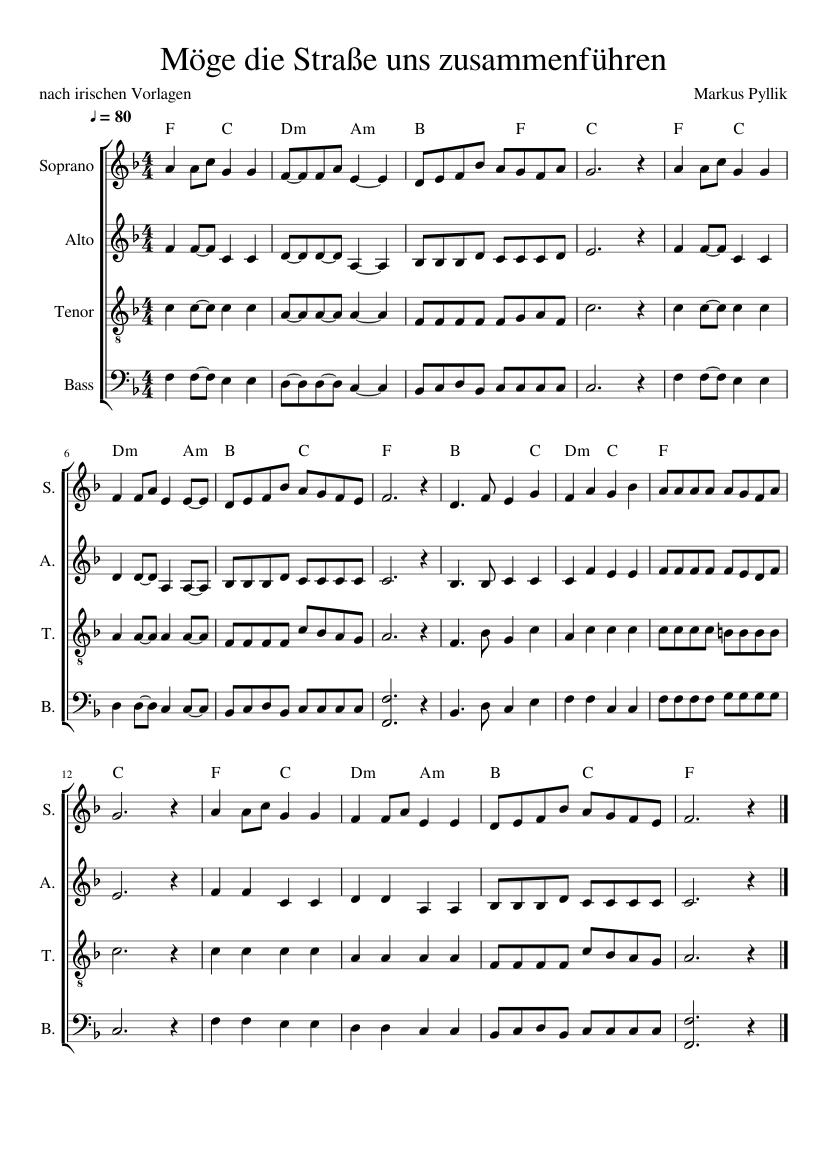 Moege die Strasse uns zusammenfuehren alle Stimmen Sheet music for Soprano, Alto, Tenor, Bass ...