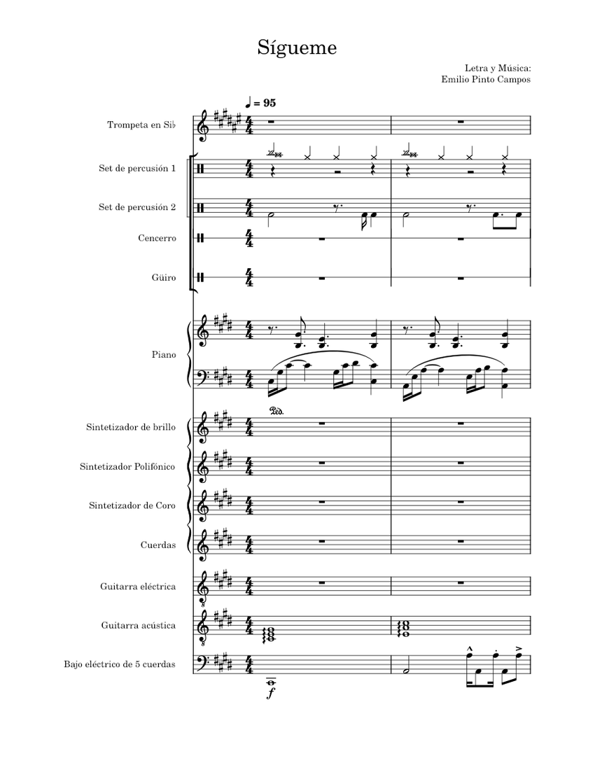 Sígueme Sheet music for Piano, Trumpet in b-flat, Guitar, Bass guitar ...