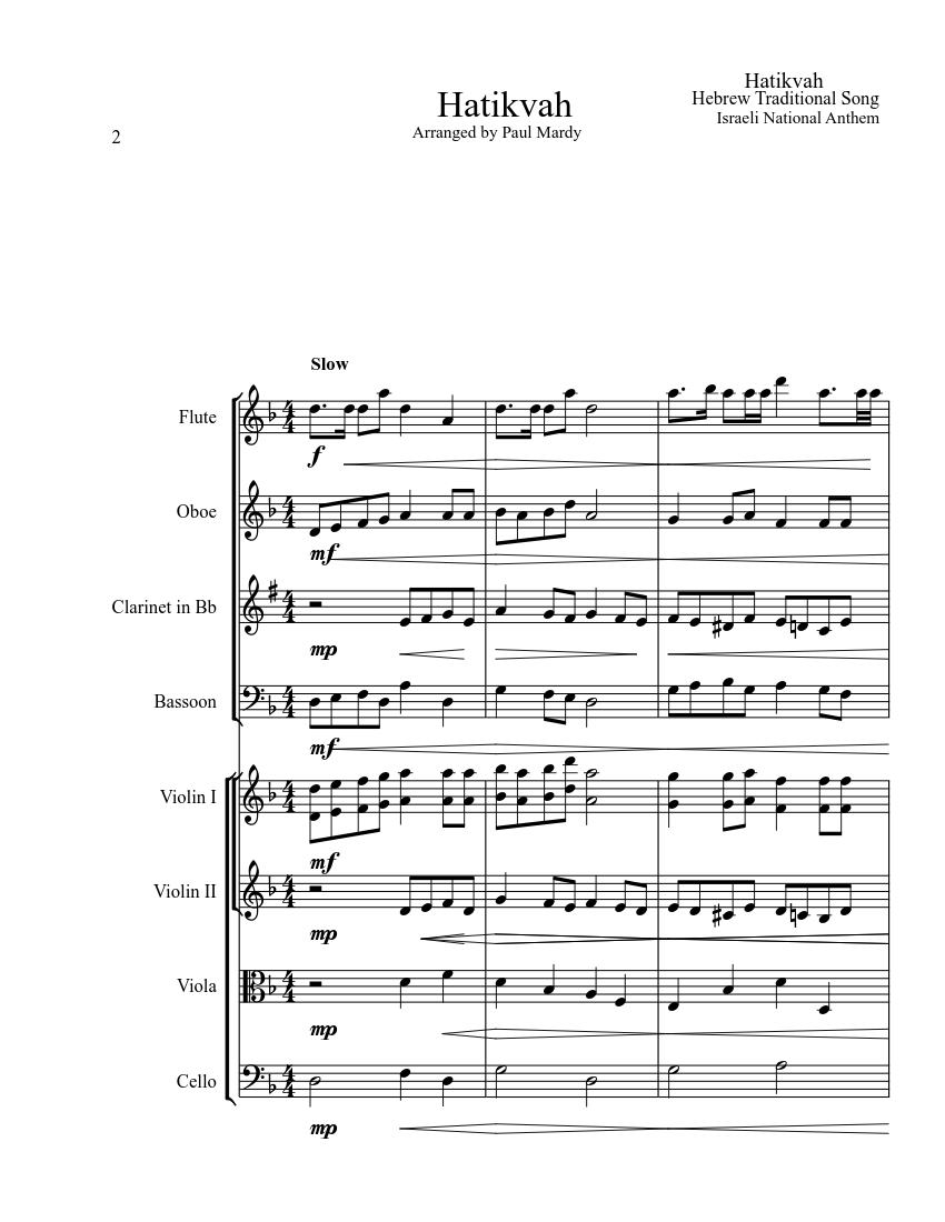 Hatikvah (Israeli National Anthem) Sheet Music for Flute, Oboe, Bassoon ...