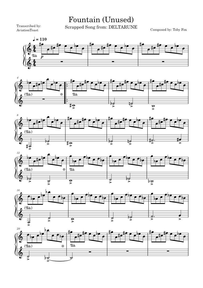 Fountain (Unused) – Toby Fox - Deltarune Sheet Music for Piano (Solo ...