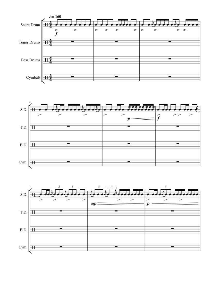Drumline No. 1 Sheet music for Snare drum, Crash, Tenor drum, Bass drum ...