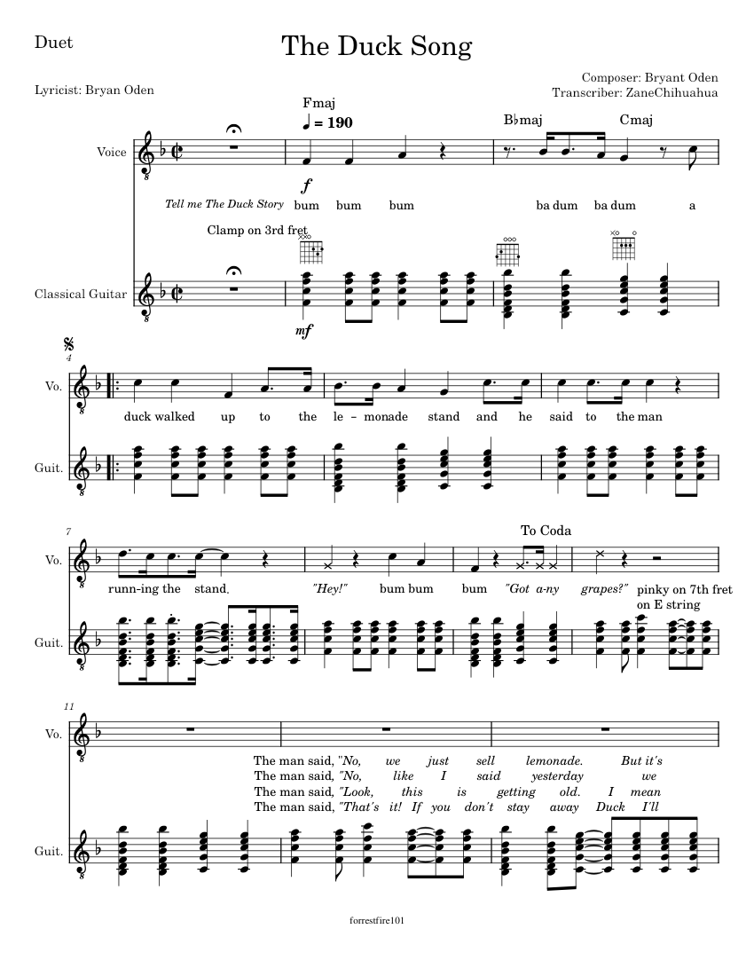The Duck Song Sheet music for Vocals, Guitar (Mixed Duet) | Musescore.com