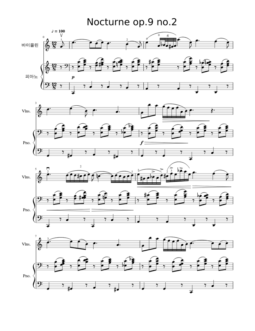 nocturne op.9 no.2 violin & piano Sheet music for Piano, Strings group (Solo) | Musescore.com
