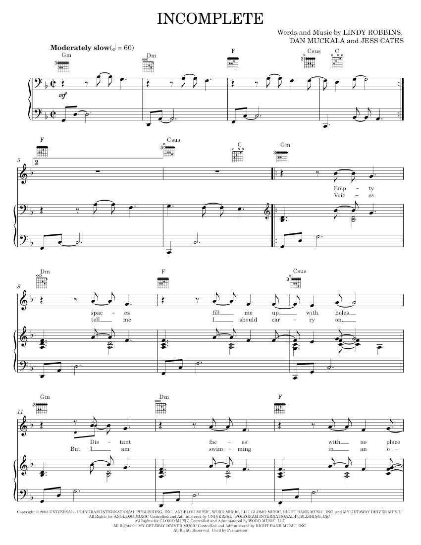 Play Official version of Incomplete sheet music by Backstreet Boys for ...