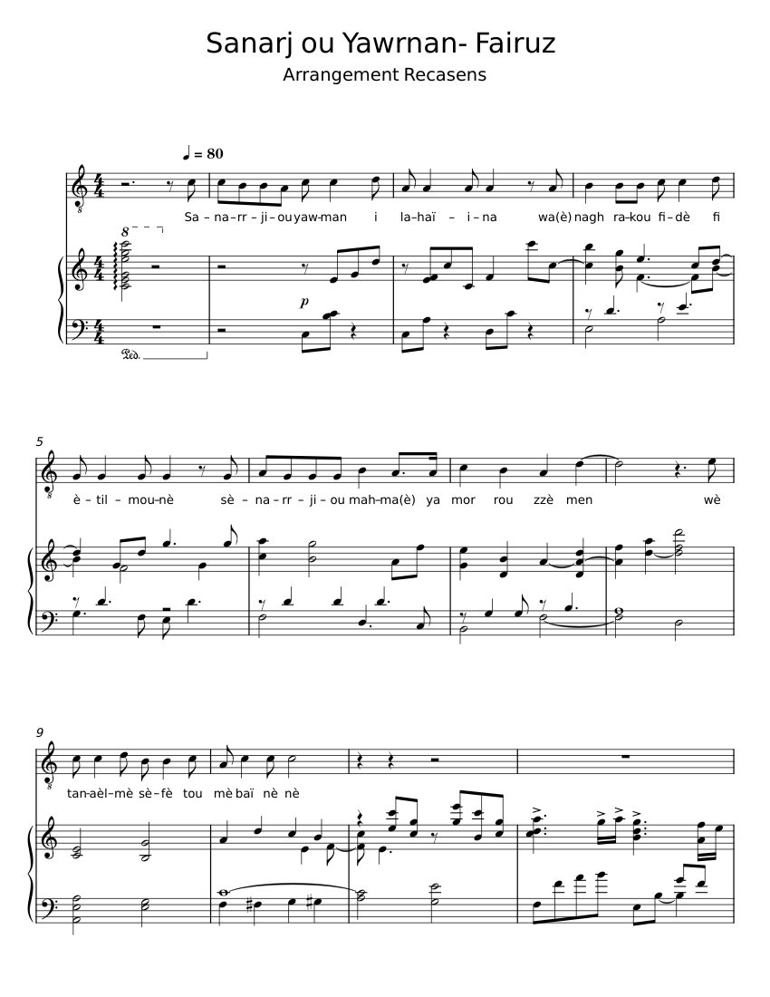 Sanarjou Yawman - Fairuz Sheet Music for Piano, Synthesizer (Mixed Duet ...