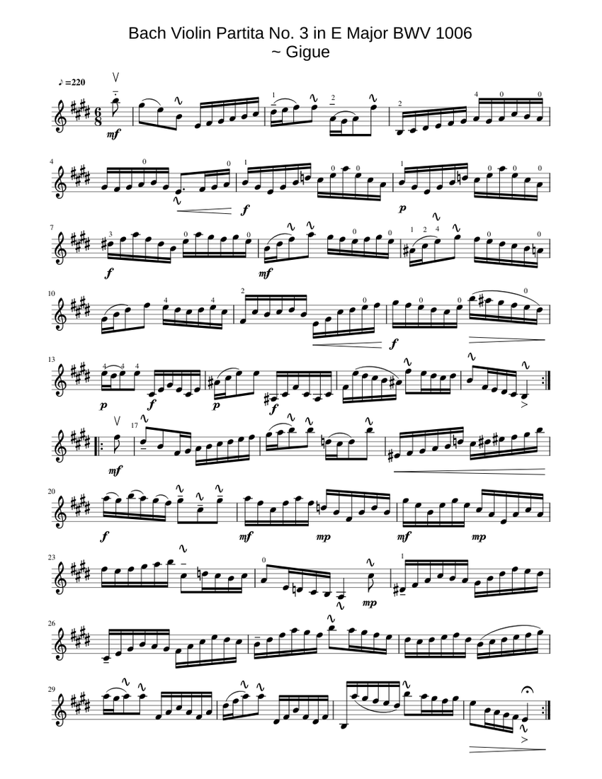 Bach - Violin Partita No. 3 in E Major BWV 1006 Gigue 220 Sheet music for Violin (Solo ...