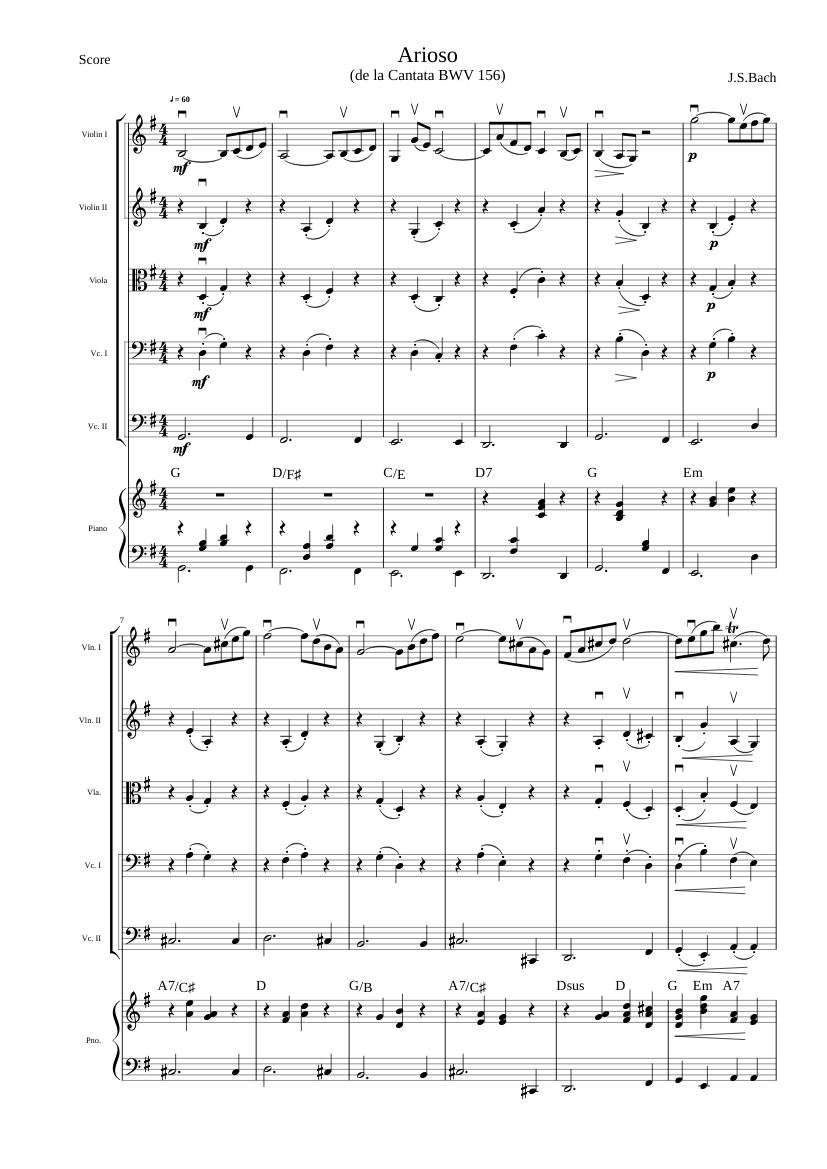 J S Bach Arioso Sheet Music with Chords for Piano, Violin, Viola, Cello ...
