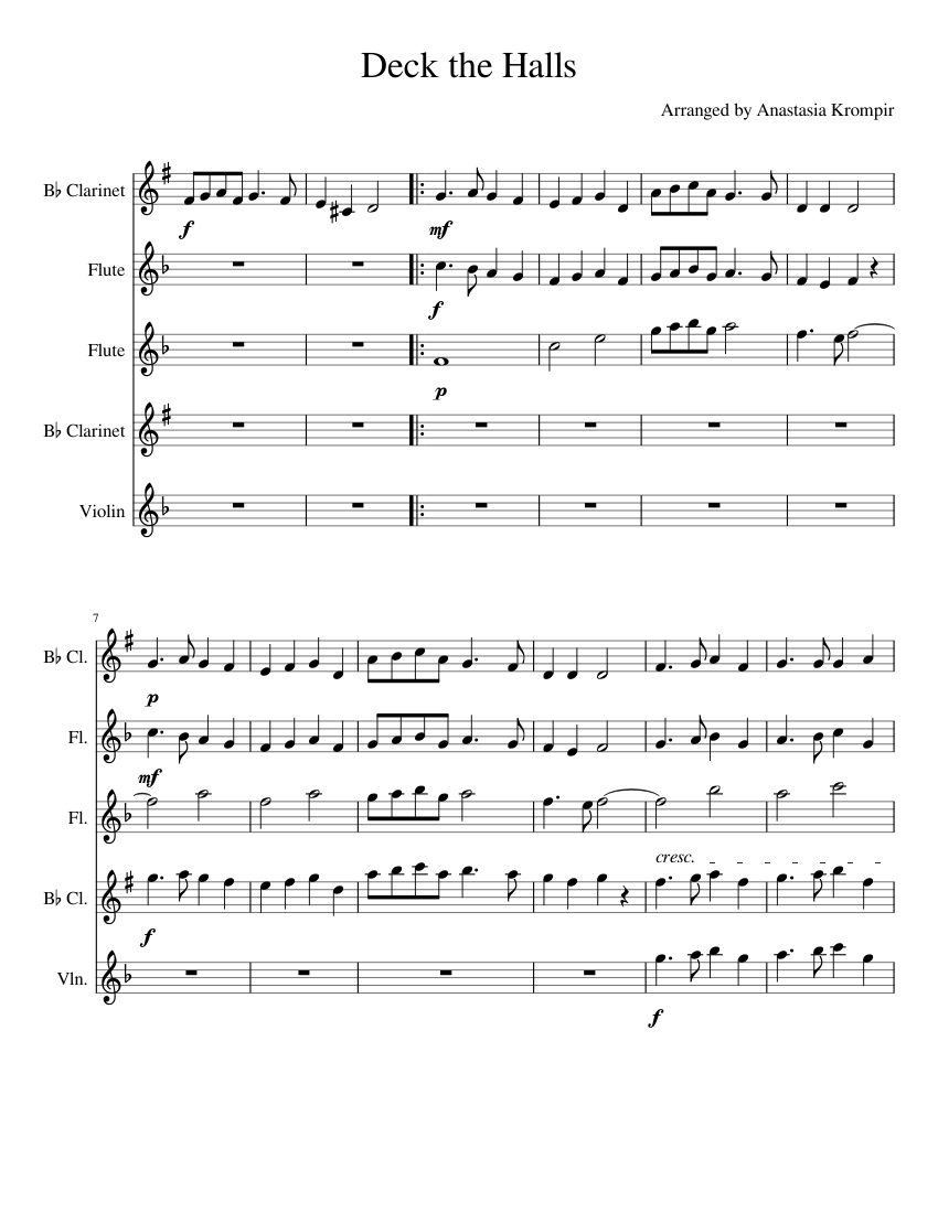 Deck the Halls Sheet music for Flute, Clarinet in b-flat, Violin ...