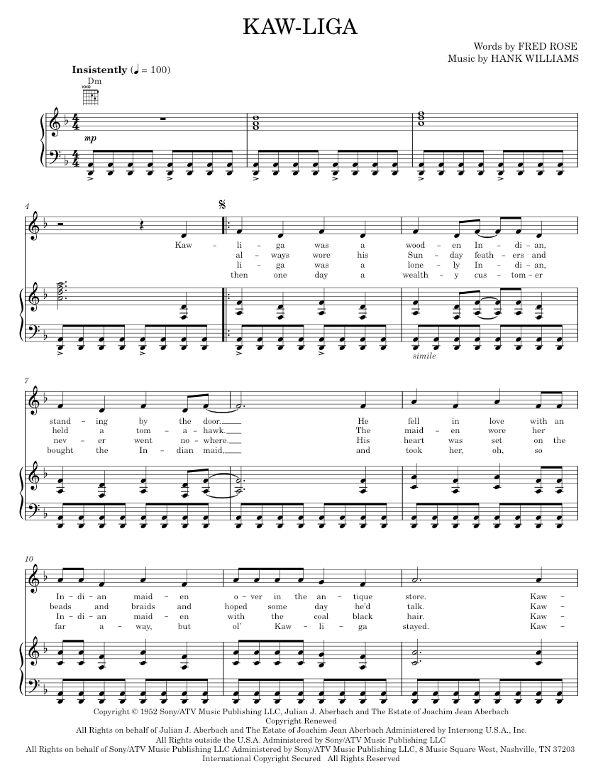 kaw-liga Sheet music for Piano, Vocals by Hank Williams Official ...