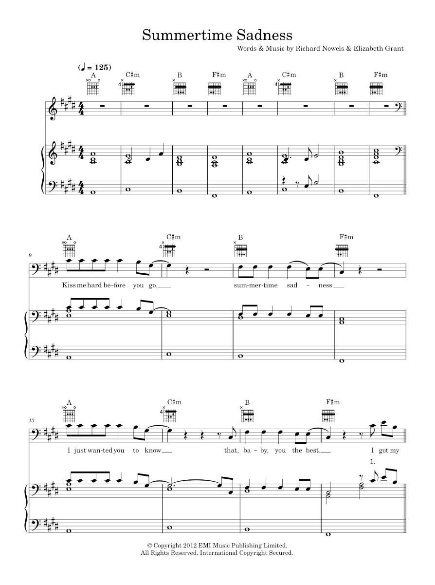 Play Official version of Summertime sadness Sheet Music by Lana Del Rey ...