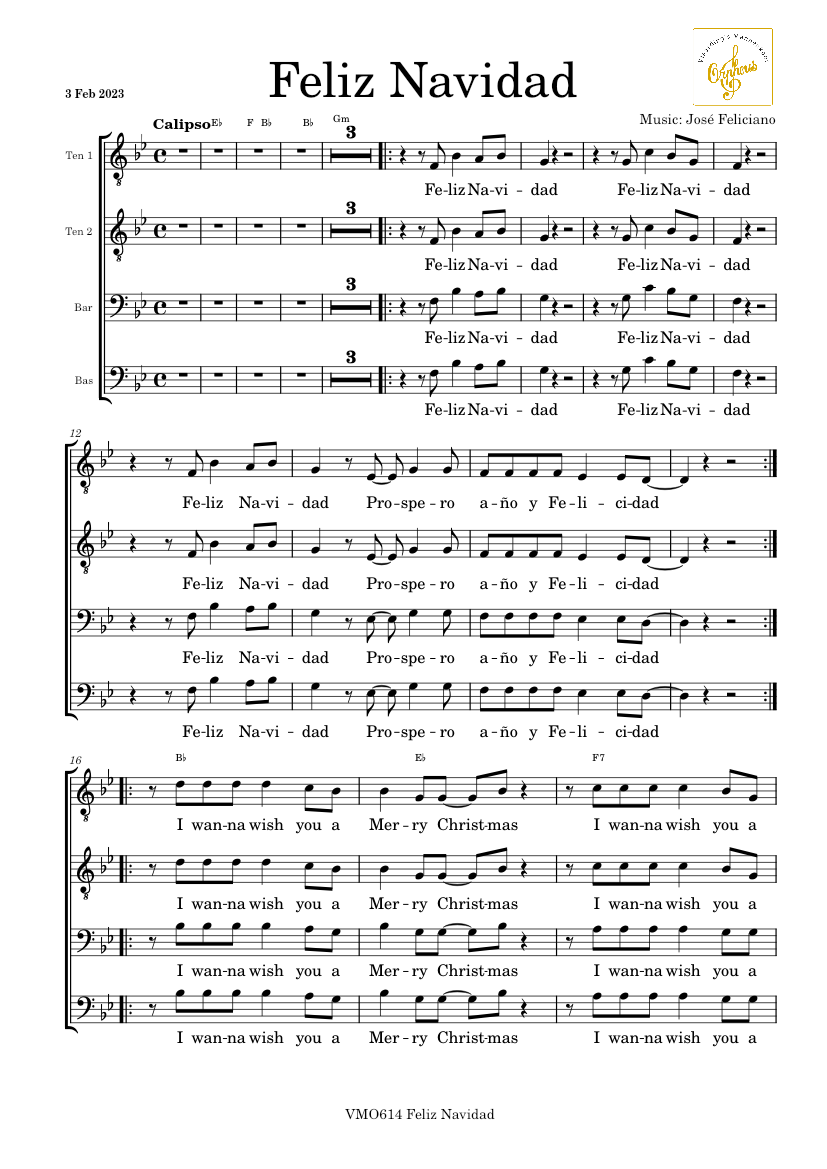 VMO614 Feliz Navidad-TTBB-PAR Sheet Music with Chords for Soprano ...