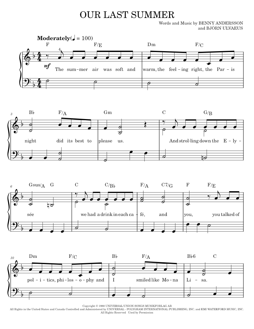 Play Official version of Our last summer Sheet Music by ABBA for Piano ...