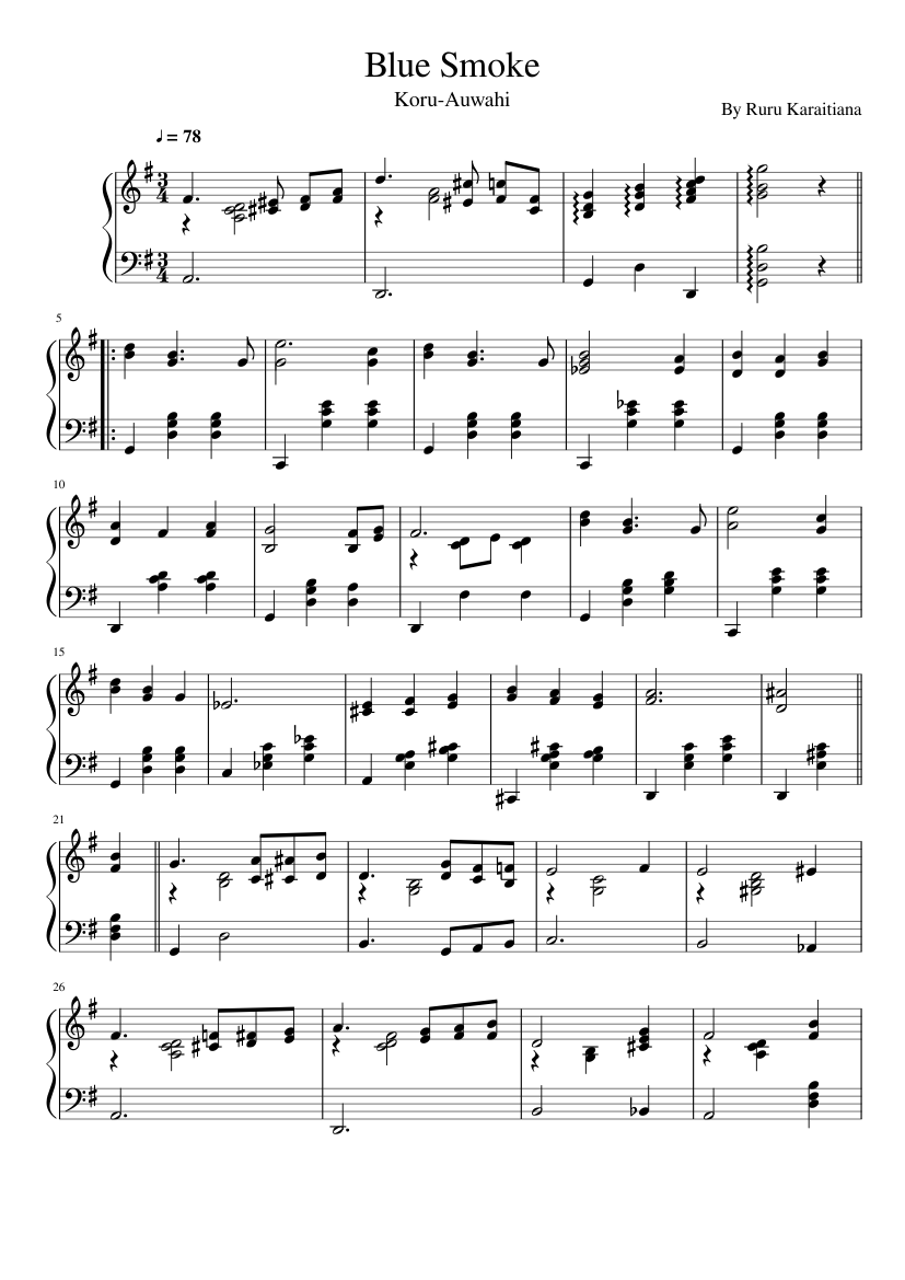 Blue Smoke – Ruru Karaitiana Sheet Music for Piano (Solo) Easy ...