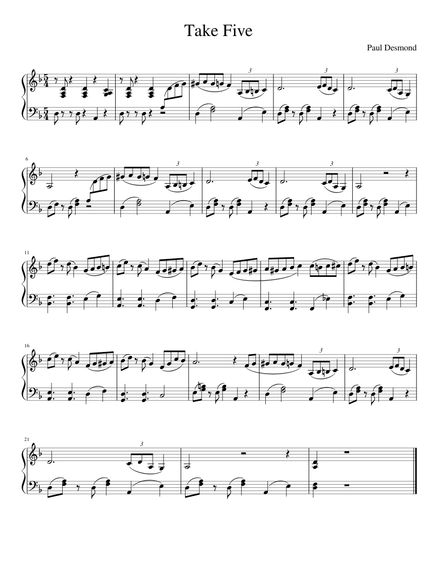 Take Five Sheet music for Piano (Solo) Easy | Musescore.com