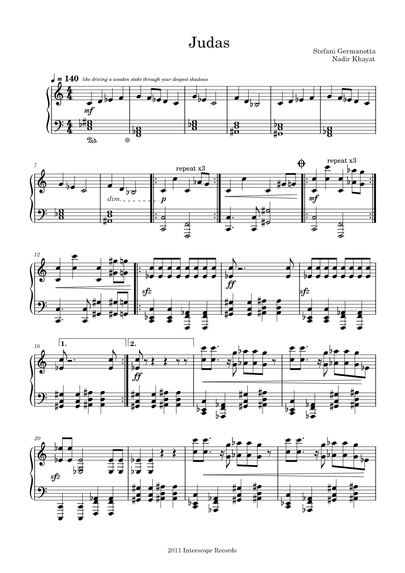 Judas – Lady Gaga Sheet Music for Piano (Solo) | MuseScore.com