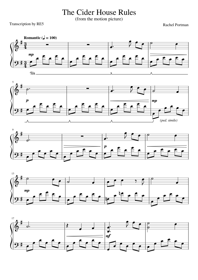 The Cider House Rules – Rachel Portman Sheet Music for Piano (Solo ...