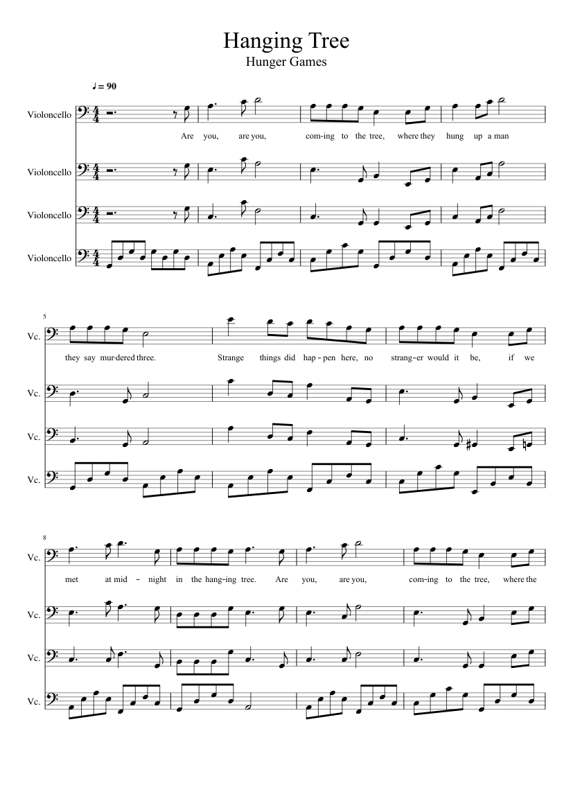 The Hanging Tree from the Hunger Games Mockingjay for four cellos Sheet ...