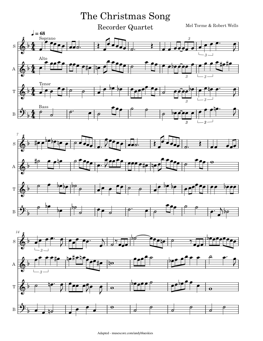 The Christmas Song - Recorder Quartet Sheet music for Recorder ...