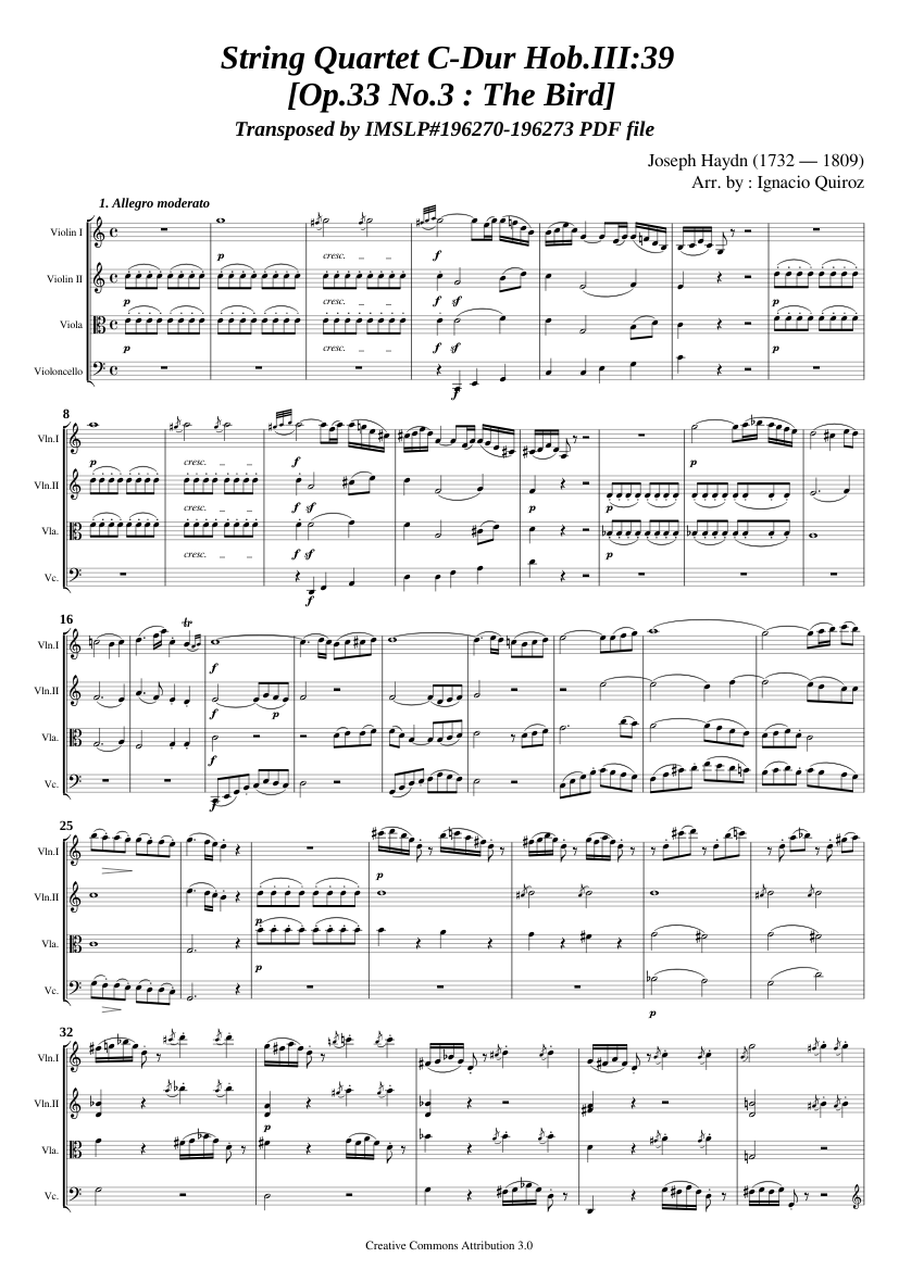 Haydn, J. _ String Quartett Op.33 No.3 [The Bird] Sheet Music for Violin, Viola, Cello (String ...