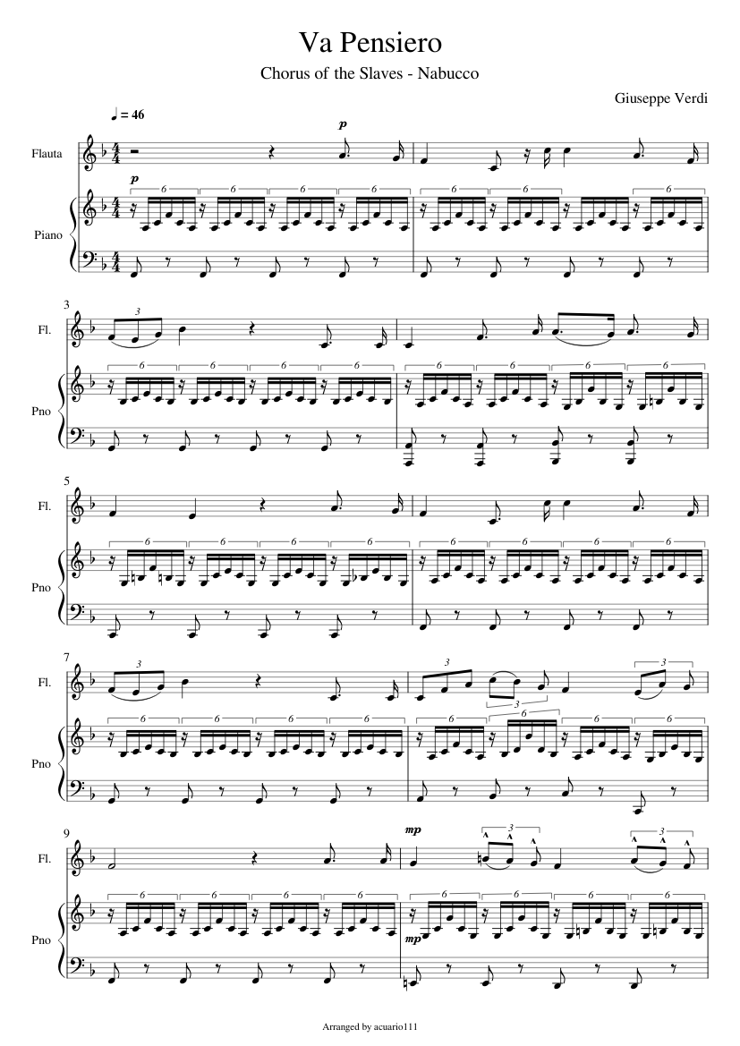 Va_Pensiero Sheet music for Piano, Flute (Solo) | Musescore.com