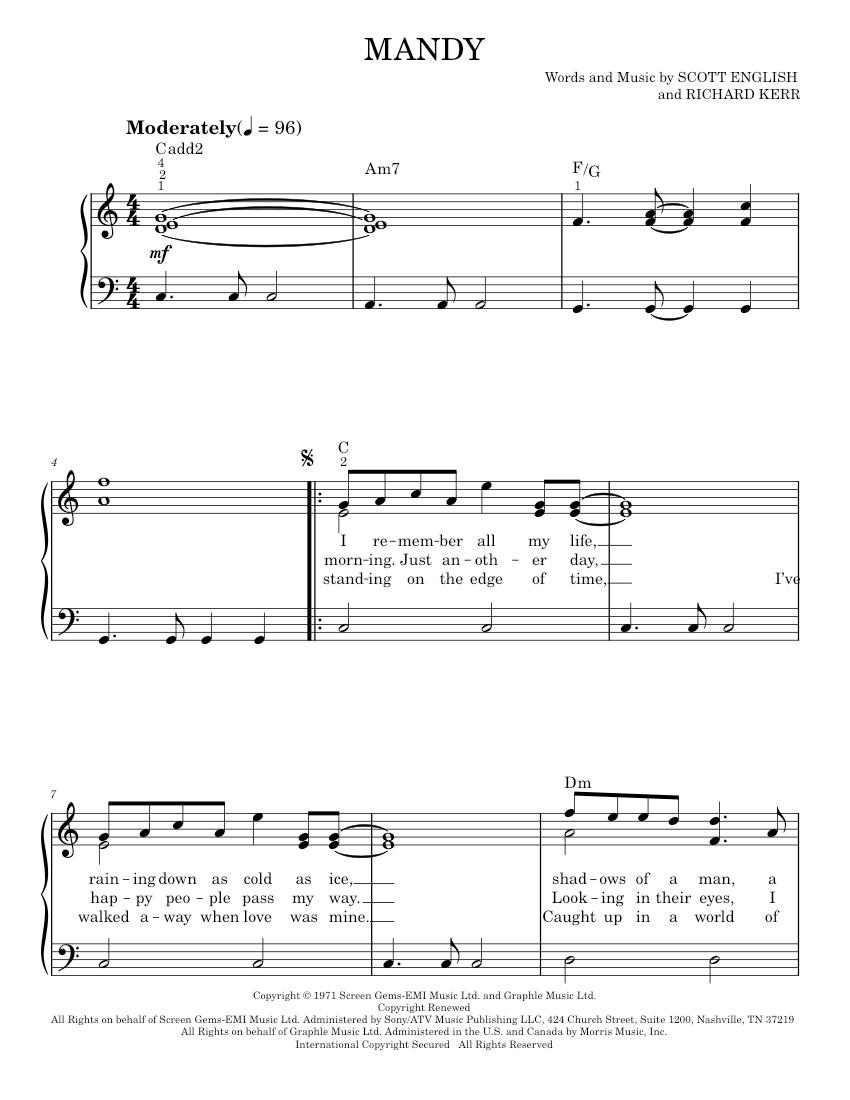 Play Official version of Mandy Sheet Music by Barry Manilow for Piano ...