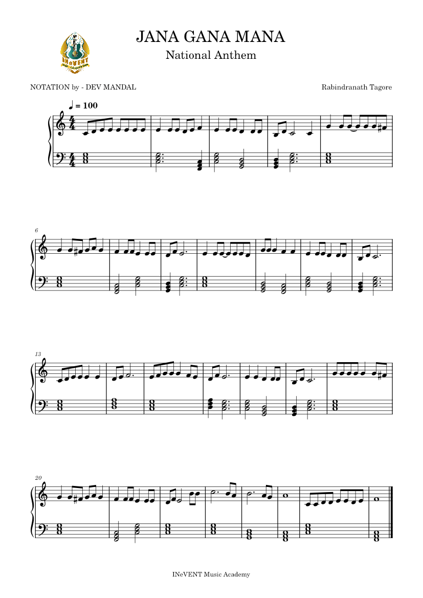 JANA GANA MANA ||National Anthems ||Rabindranath Tagore Sheet Music for Piano (Solo) Easy ...