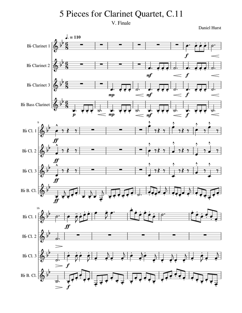 5 Pieces for Clarinet Quartet - Mvt. 5 Sheet music for Clarinet in b ...