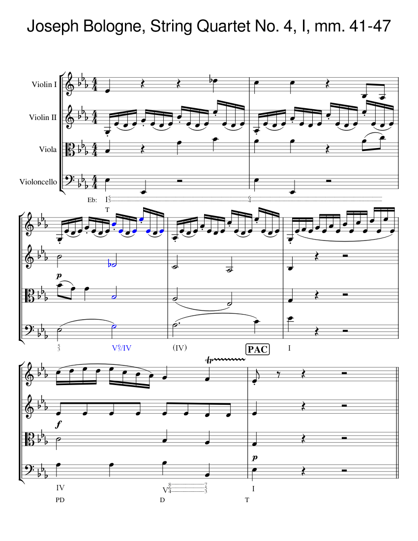 Joseph Bologne, String Quartet No. 4, I, mm. 41-47 Sheet music for Violin, Viola, Cello (String ...