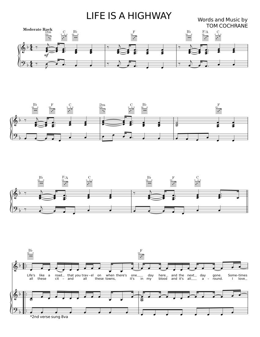 Life is a highway - Tom Cochrane Sheet Music for Piano, Synthesizer ...