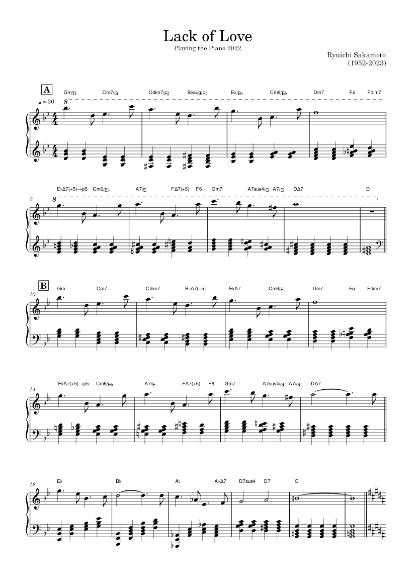 Ryuichi Sakamoto - Lack of Love Sheet Music with Chords for Piano (Solo) Easy | MuseScore.com