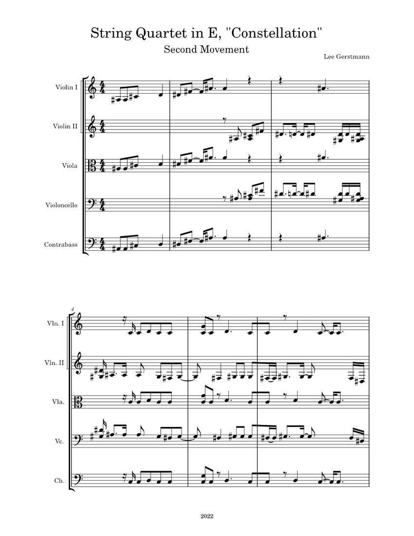 String Quartet in E, "Constellation" - Second Movement Sheet music for Contrabass, Violin, Viola ...