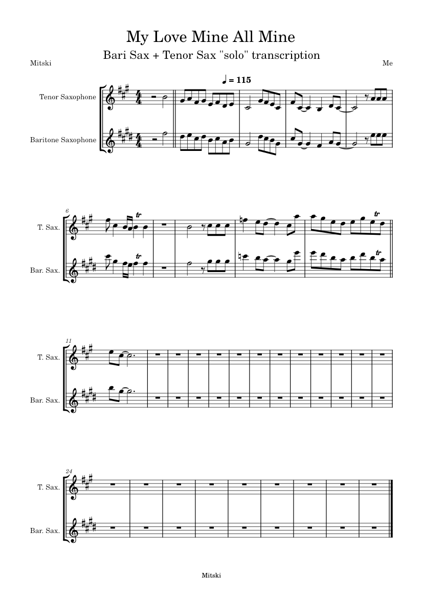 My Love Mine All Mine - Mitski (sax solo) Sheet Music for Saxophone ...