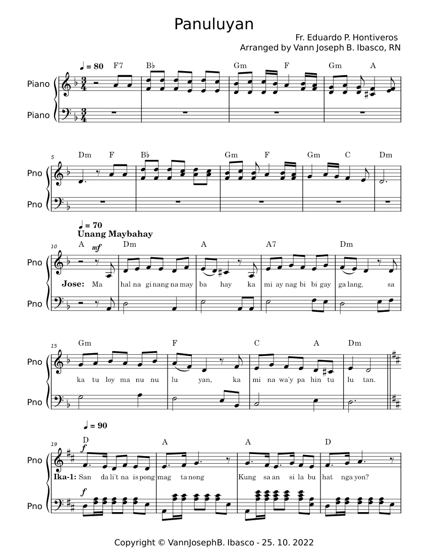 Panuluyan - SJ Rev. Fr. Eduardo Pardo Hontiveros Sheet Music with Chords for Piano (Piano Duo ...