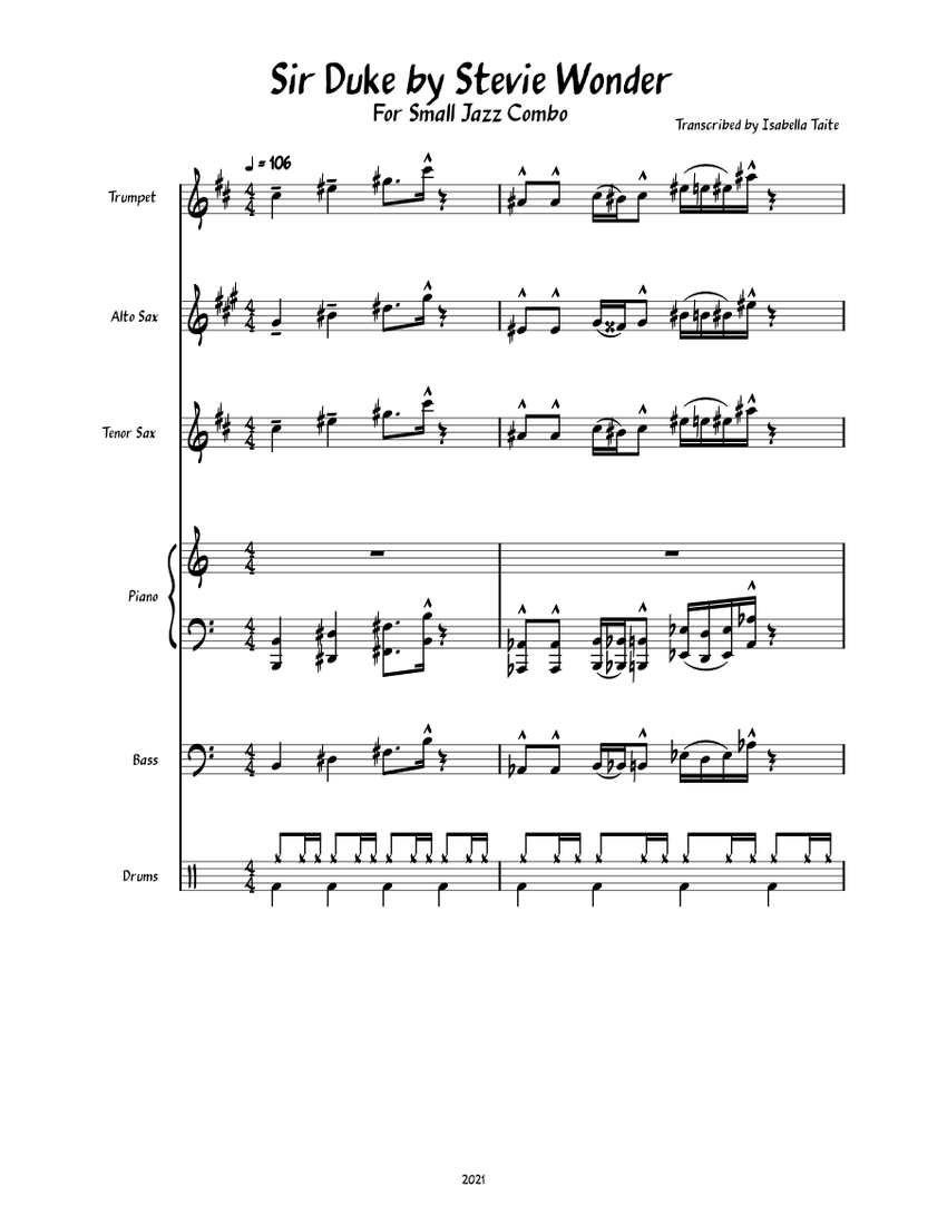 Sir Duke by Stevie Wonder - For Small Jazz Combo Sheet music for Piano ...
