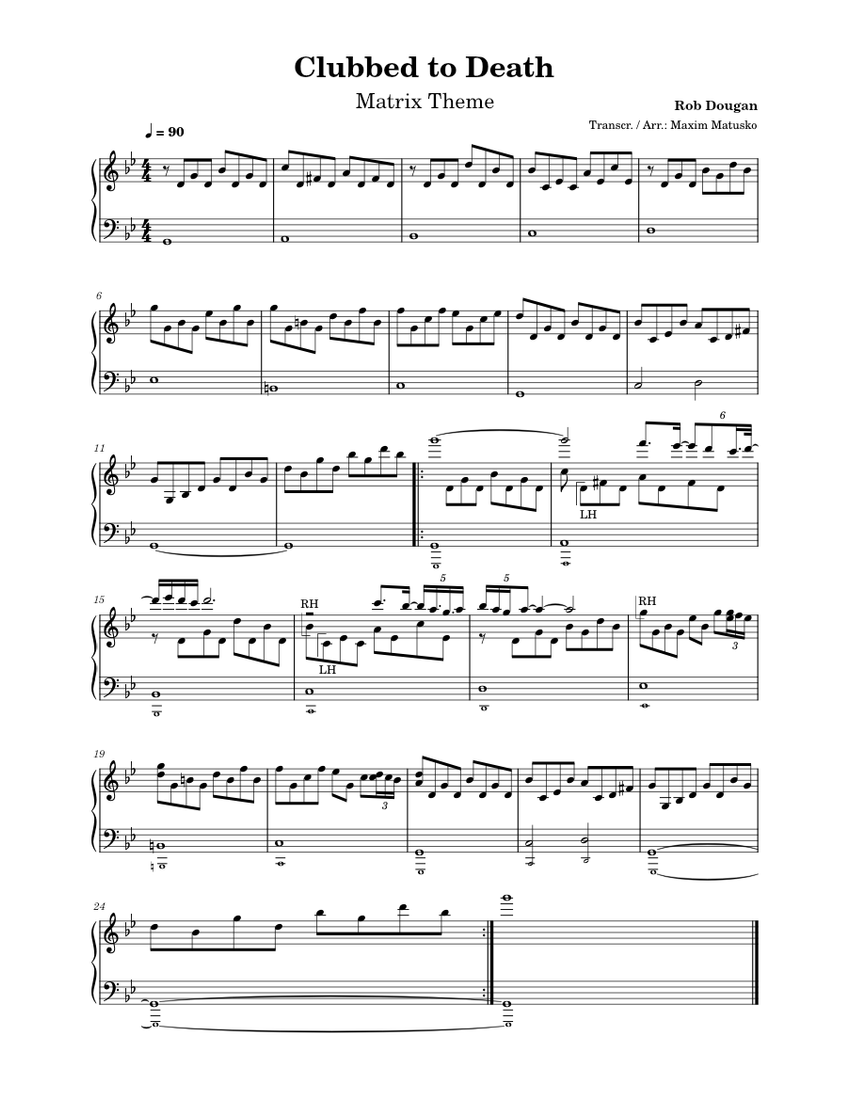Clubbed to Death (Matrix Theme) – Rob Dougan (Piano) Sheet music for ...
