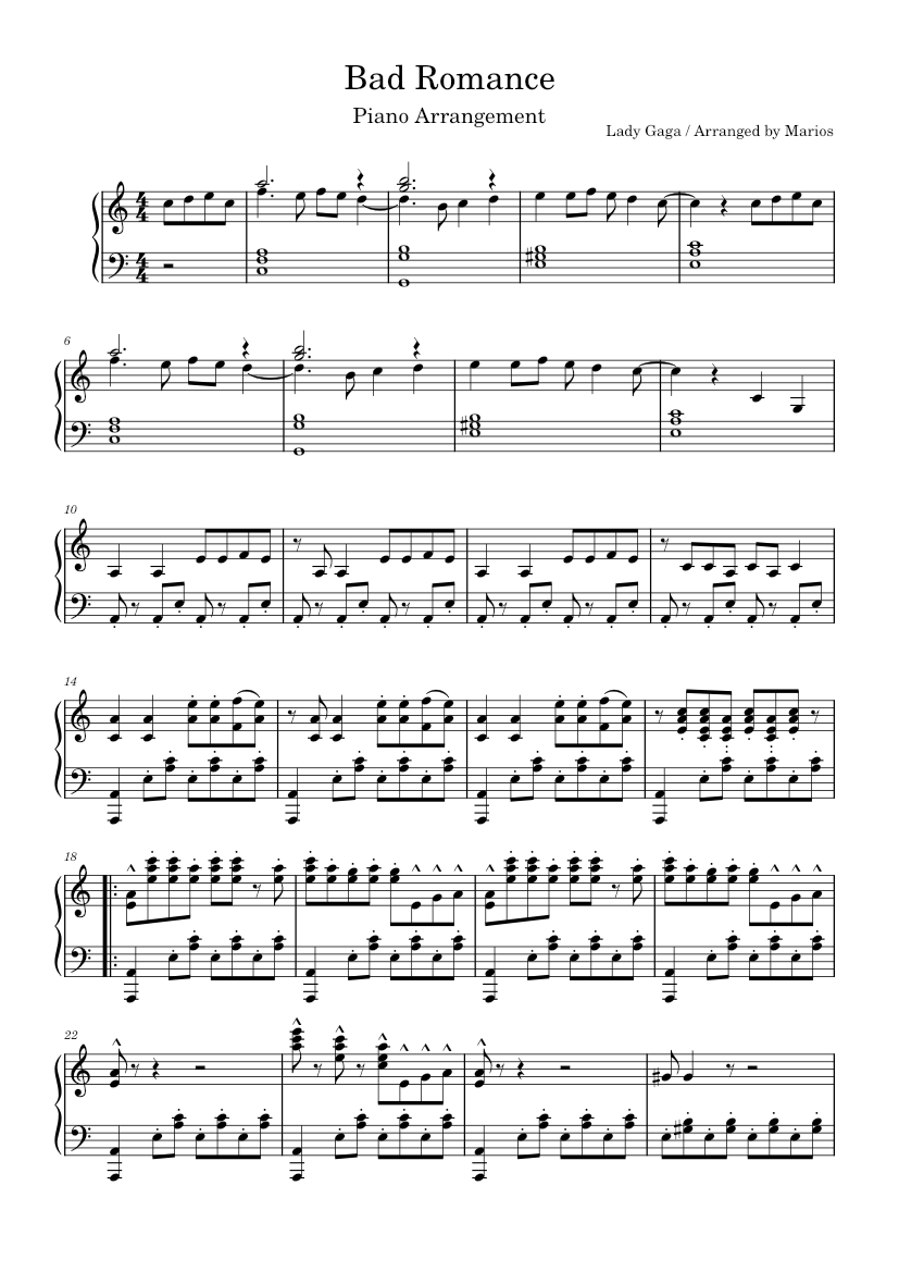Bad romance – Lady Gaga Sheet Music for Piano (Solo) | MuseScore.com