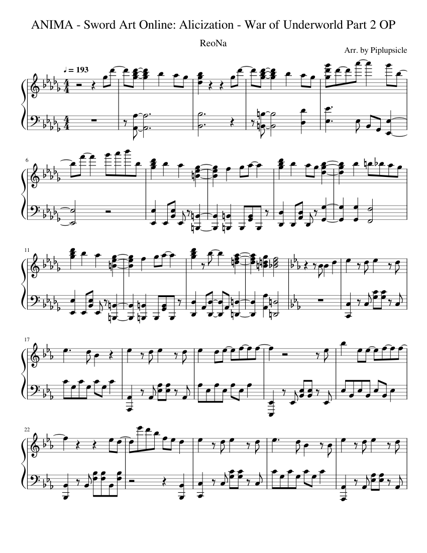 ANIMA - Sword Art Online: Alicization - War of Underworld Part 2 OP Sheet music for Piano (Solo ...