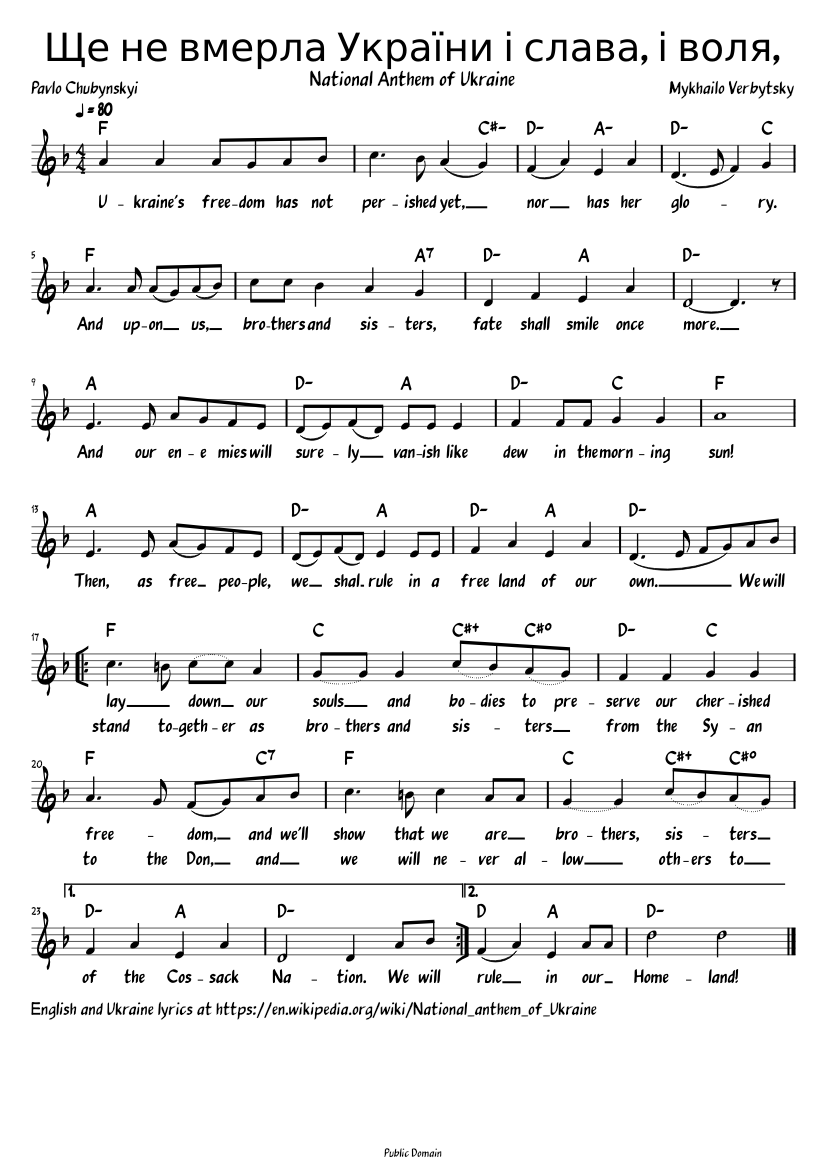 Ukrainian National Anthem (Lead sheet with lyrics ) Sheet Music with ...