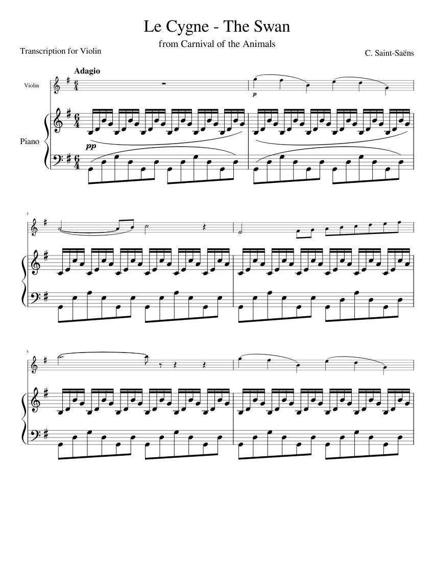 The Swan (Le Cygne) for Violin and Piano by Camille Saint-Saëns Sheet music for Piano, Violin ...