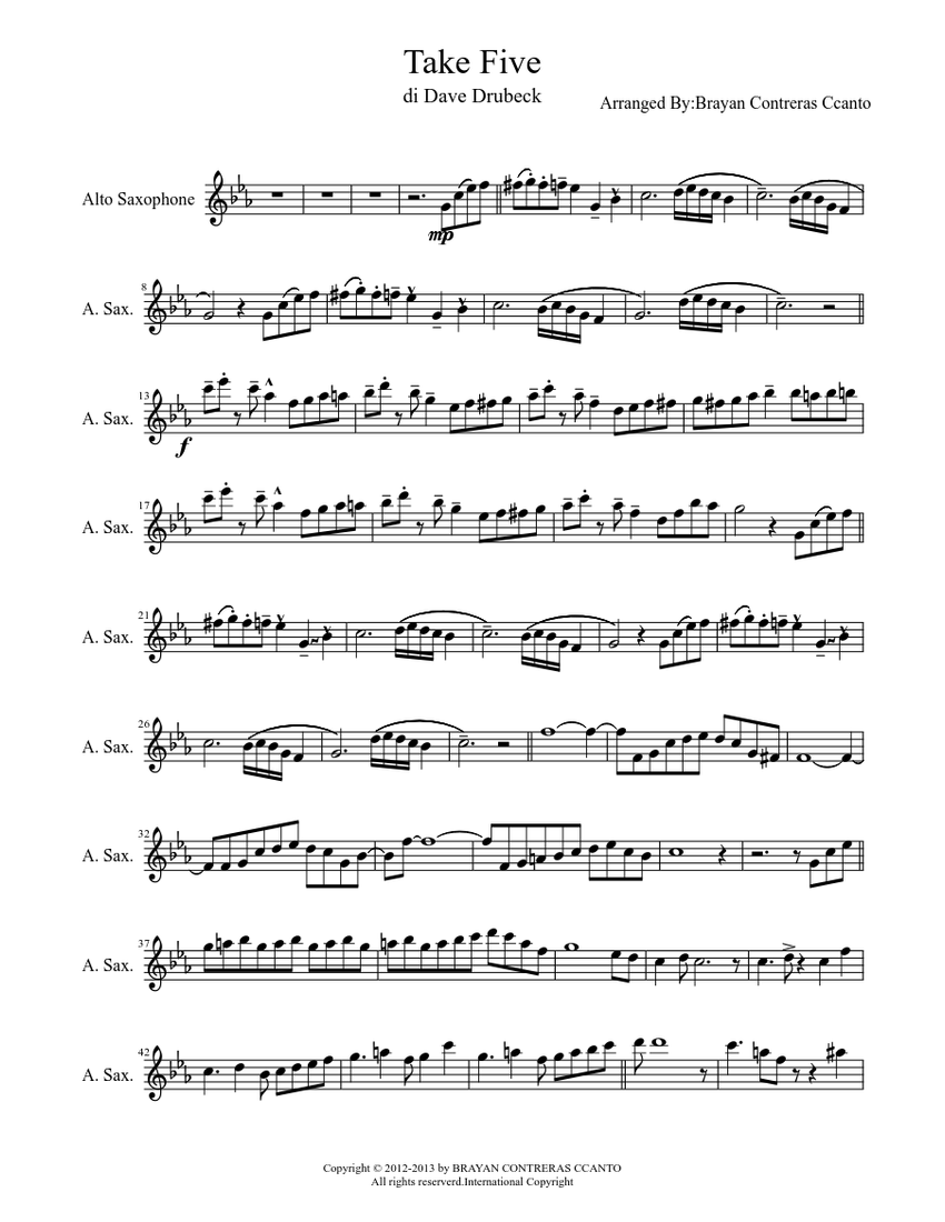 Take Five Sheet music for Saxophone alto (Solo) | Musescore.com