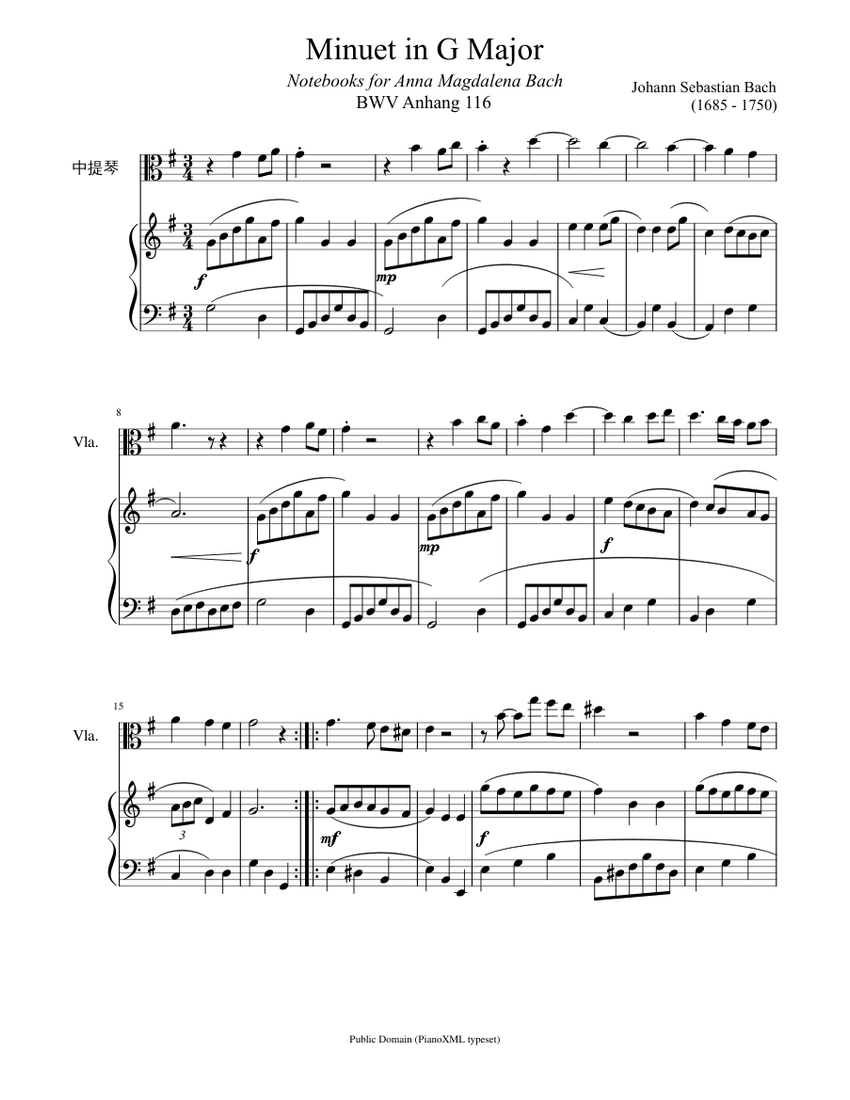 Bach minuet 3 (BWV 116) arr. piano Duo Sheet music for Viola (Piano Duo) | Musescore.com